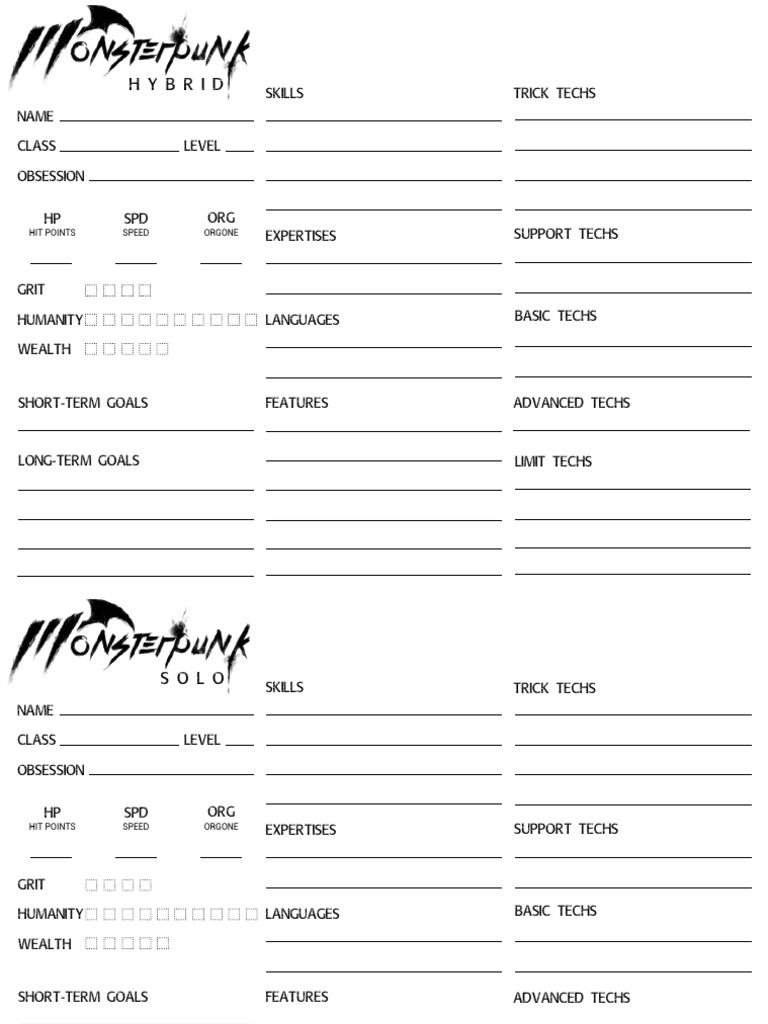 Monsterpunk Character Sheets | PDF
