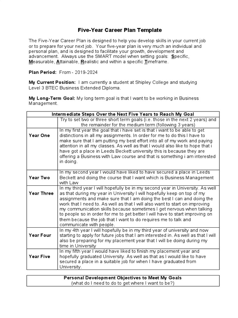 5 Year Career Plan | PDF | Goal | Behavior Modification