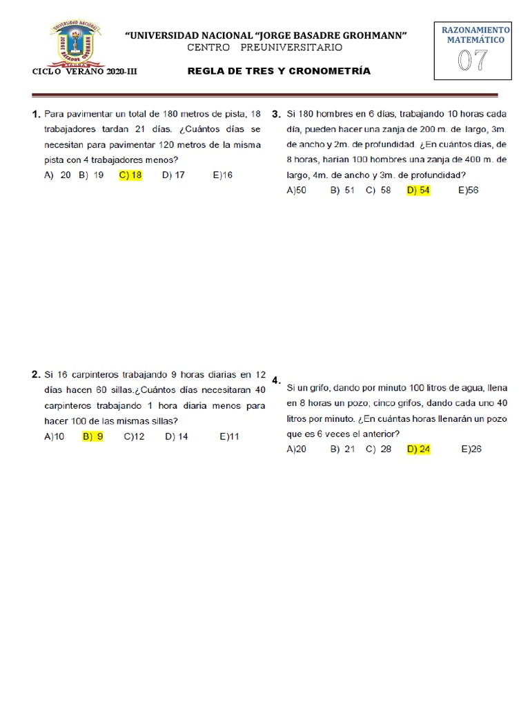 Práctica - 07 - Regla de Tres - Cronometria - Cepu - Verano - RM - 2020 - Por Desarrollar | PDF