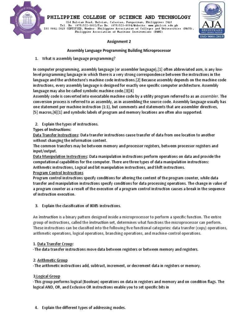 Philippine College of Science and Technology: Assignment 2 Assembly Language Programming ...
