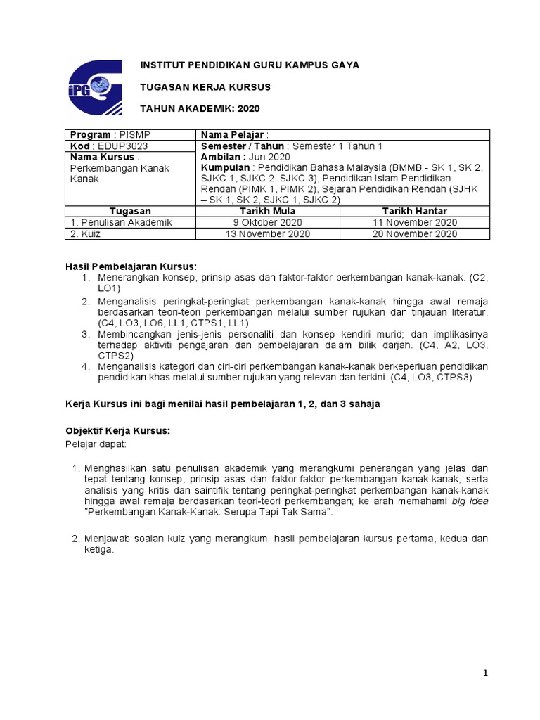 EDUP 3023 Perkembangan Kanak2 Kerja Kursus | PDF