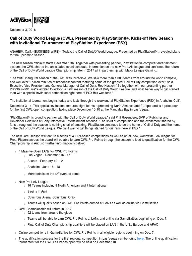 ATVI News 2016 12 3 Activision Publishing Inc | PDF | Play Station ...