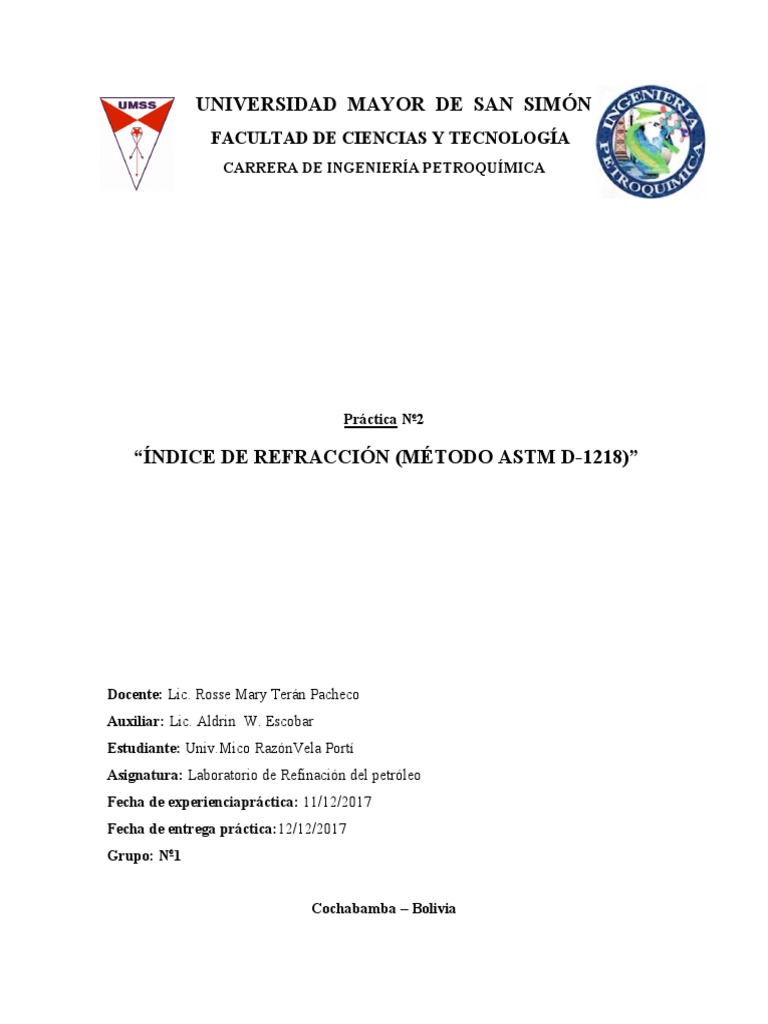 Práctica No 2 - ÍNDICE DE REFRACCIÓN (MÉTODO ASTM D-1218) | PDF ...