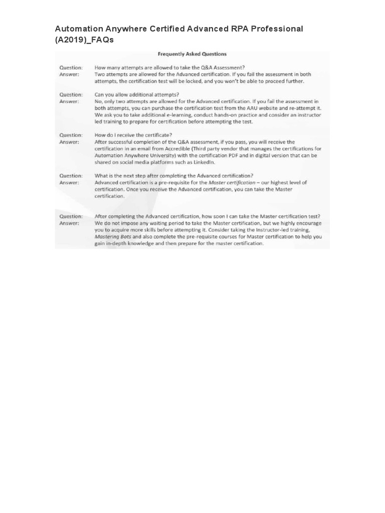 Automation Anywhere Certified Advanced Rpa Professional (A2019) - Faqs | PDF