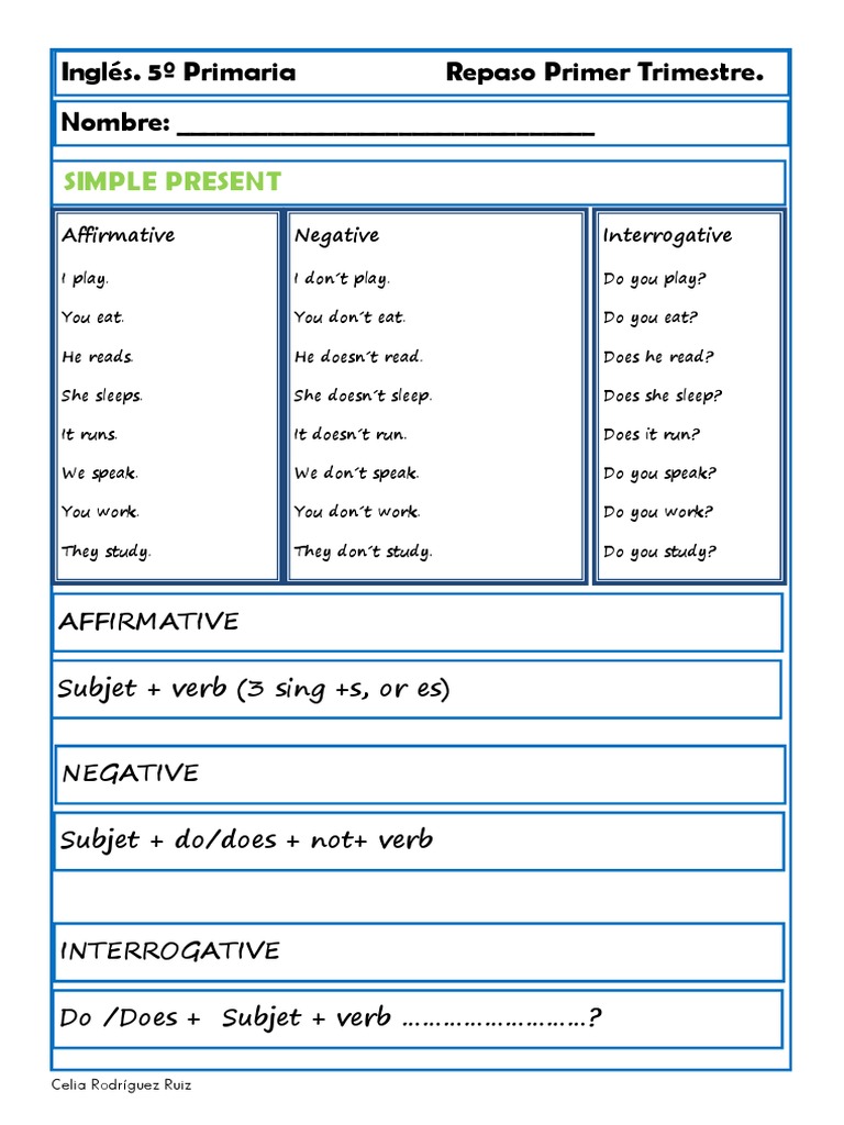 Simple Present: Inglés. 5º Primaria Repaso Primer Trimestre. Nombre | PDF | Language Arts ...