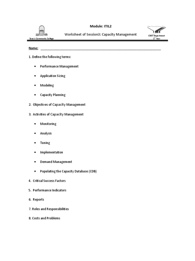 Worksheet of Session3: Capacity Management: Name | PDF