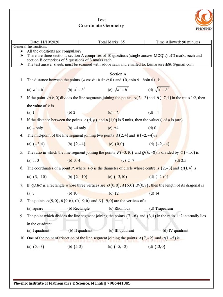 Test X - Coordinate Geometry 11-10-2020 | PDF | Rectangle | Classical ...