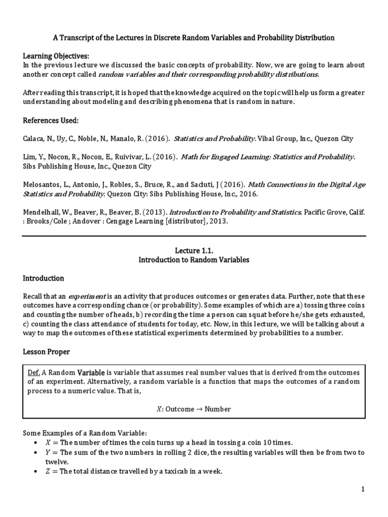 Lecture Transcript 1 (Random Variable and Their Probability ... Lecture Transcript 1 (Random Variable and Their Probability ...