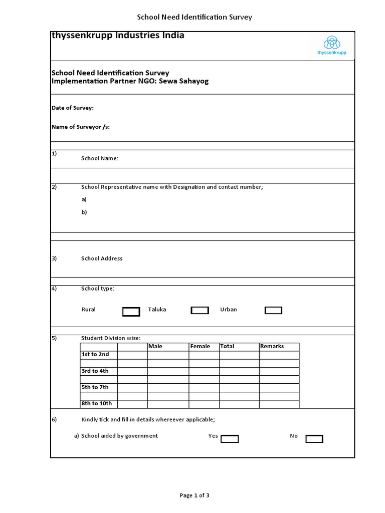 School Need Identification Survey Form - 2017 | PDF