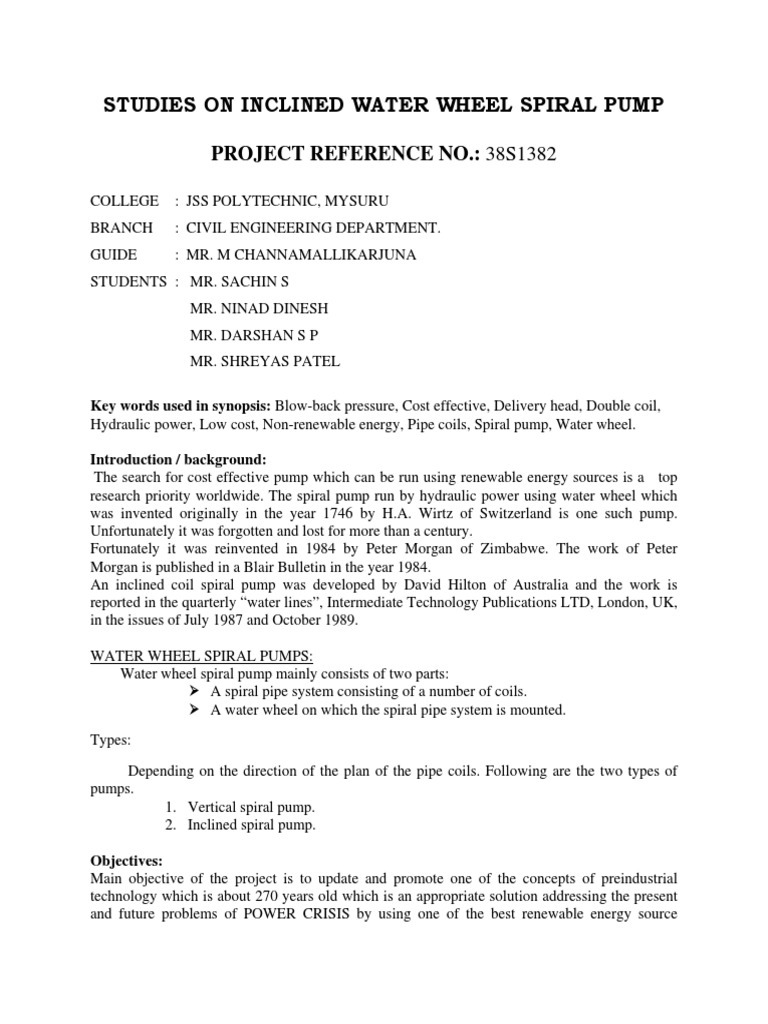 Studies On Inclined Water Wheel Spiral Pump Project Reference No ...