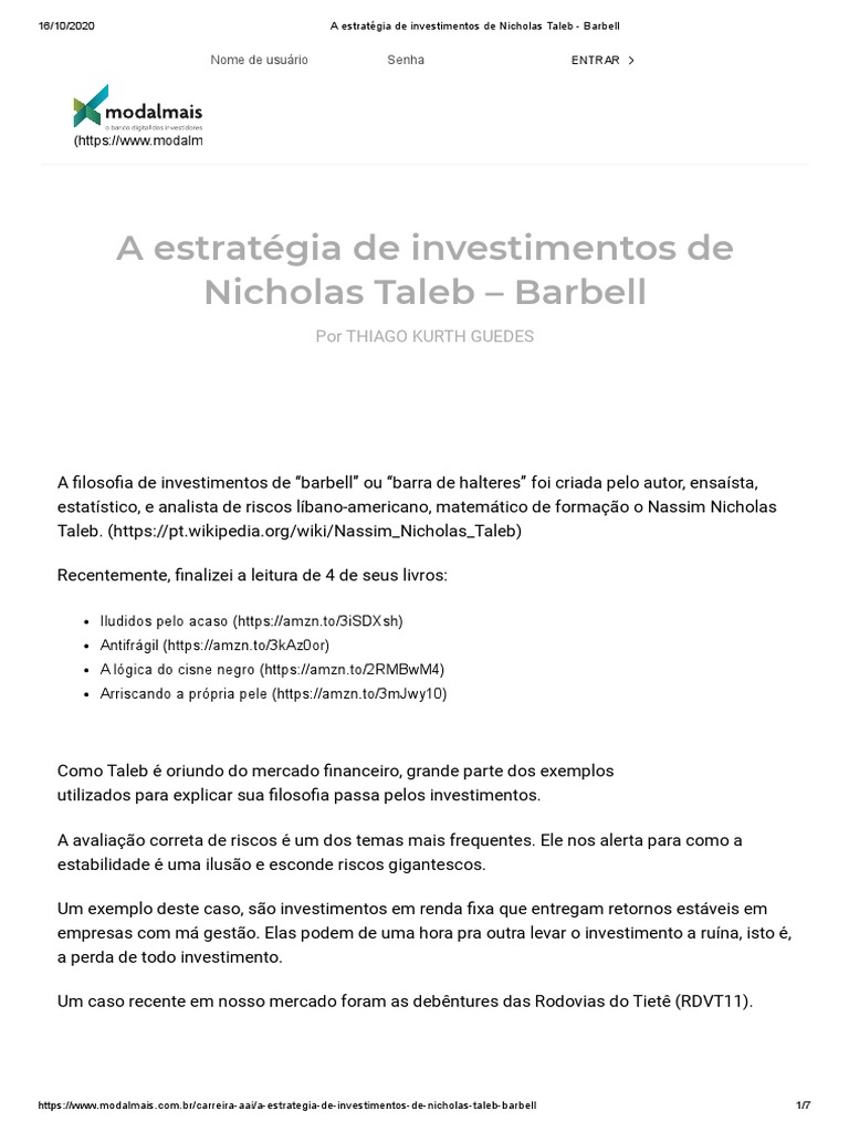 A Estratégia de Investimentos de Nicholas Taleb - Barbell | PDF | Risco ...