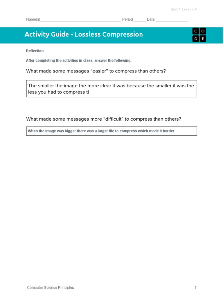 U1l09 Lossless Compression Activity Guide | PDF