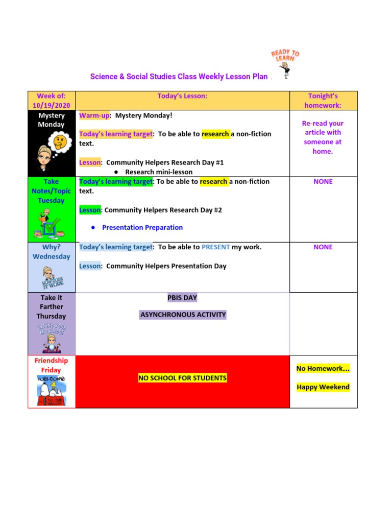 10-19-2020 Science Social Studies Class Weekly Lesson Plan | PDF