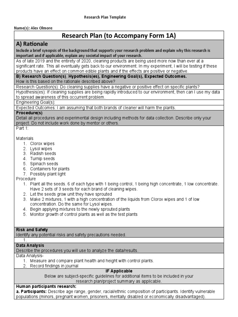 Research Plan (To Accompany Form 1A) | PDF | Risk | Science