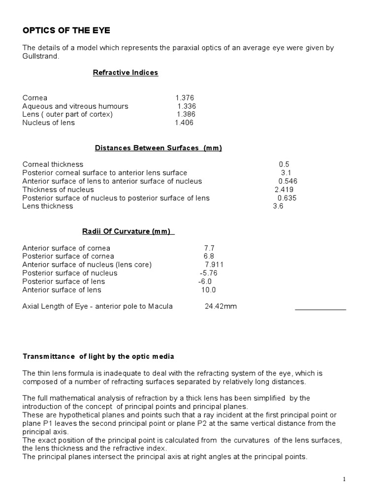 Optics of The Eye: Distances Between Surfaces (MM) | PDF | Contrast ...