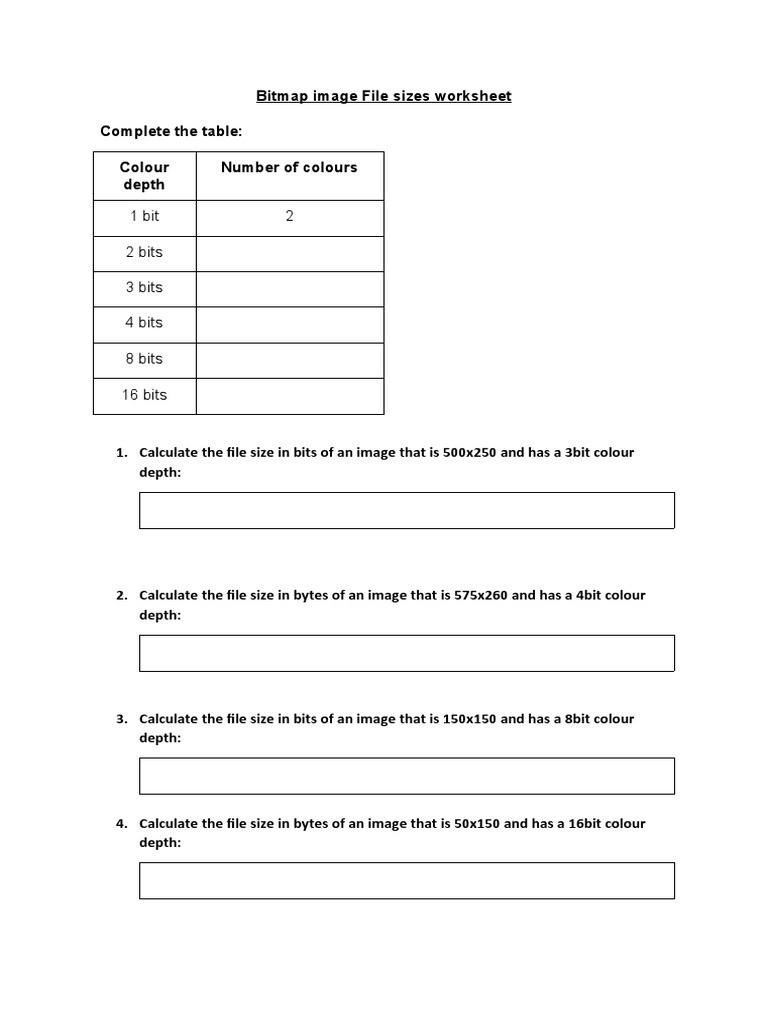 Bitmap Image File Sizes Worksheet | PDF