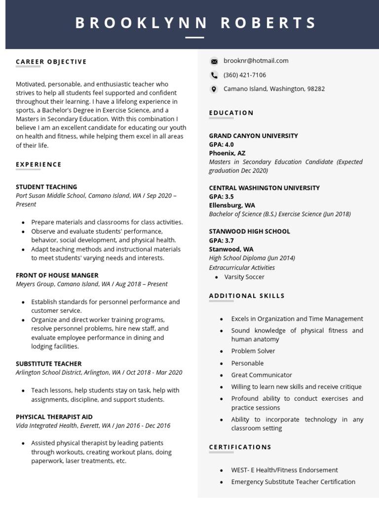 Brooklynn Roberts Resume | PDF | Bachelor's Degree | Teachers
