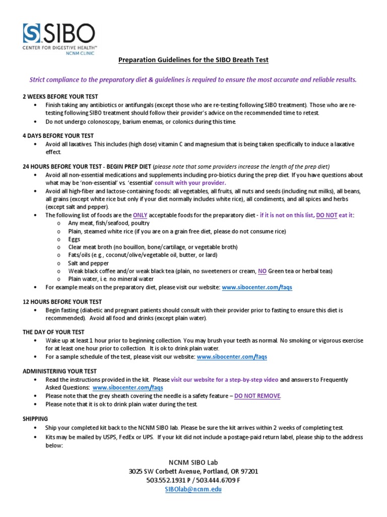 SIBO Breath Test Prep Guide | PDF | Vegetables | Foods