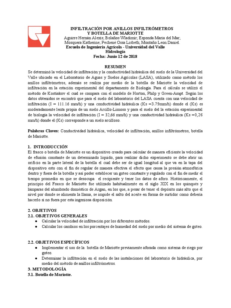 Determinación de la velocidad de infiltración y conductividad ...