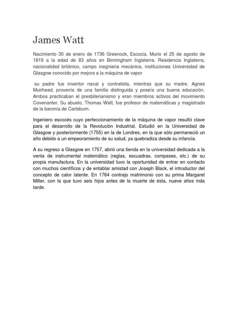 Biografía de James Watt: Vida y Logros | PDF