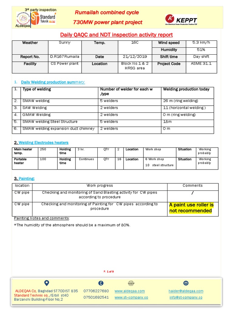 Daily QAQC and NDT Inspection Activity Report: Rumailah Combined Cycle ...