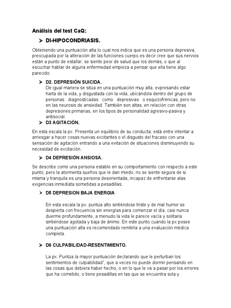 Análisis Del Test CaQ | PDF | Depresión (estado de ánimo) | Esquizofrenia