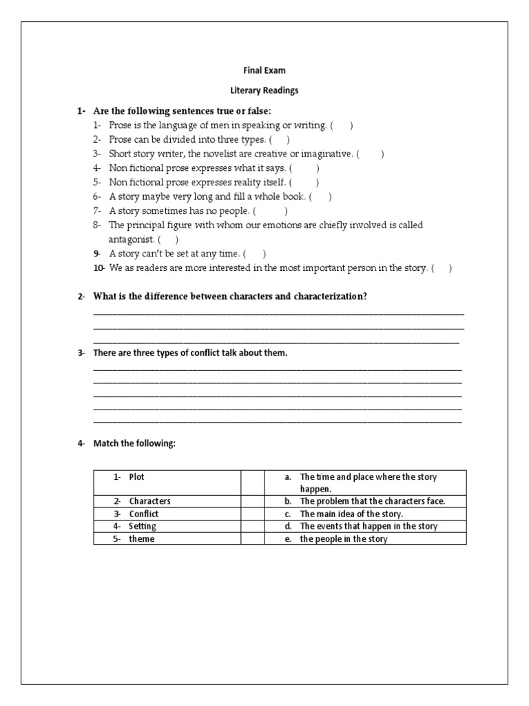 Final Exam Literary Readings 1-Are The Following Sentences True or ...