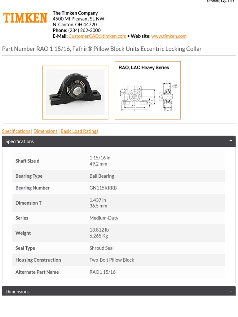 Part Number RAO 1 15/16, Fafnir® Pillow Block Units Eccentric Locking Collar | PDF ...