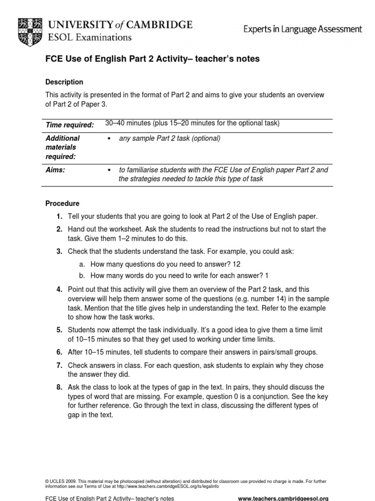 FCE Use of English Part 2 Activity - Teacher's Notes: Time Required ...