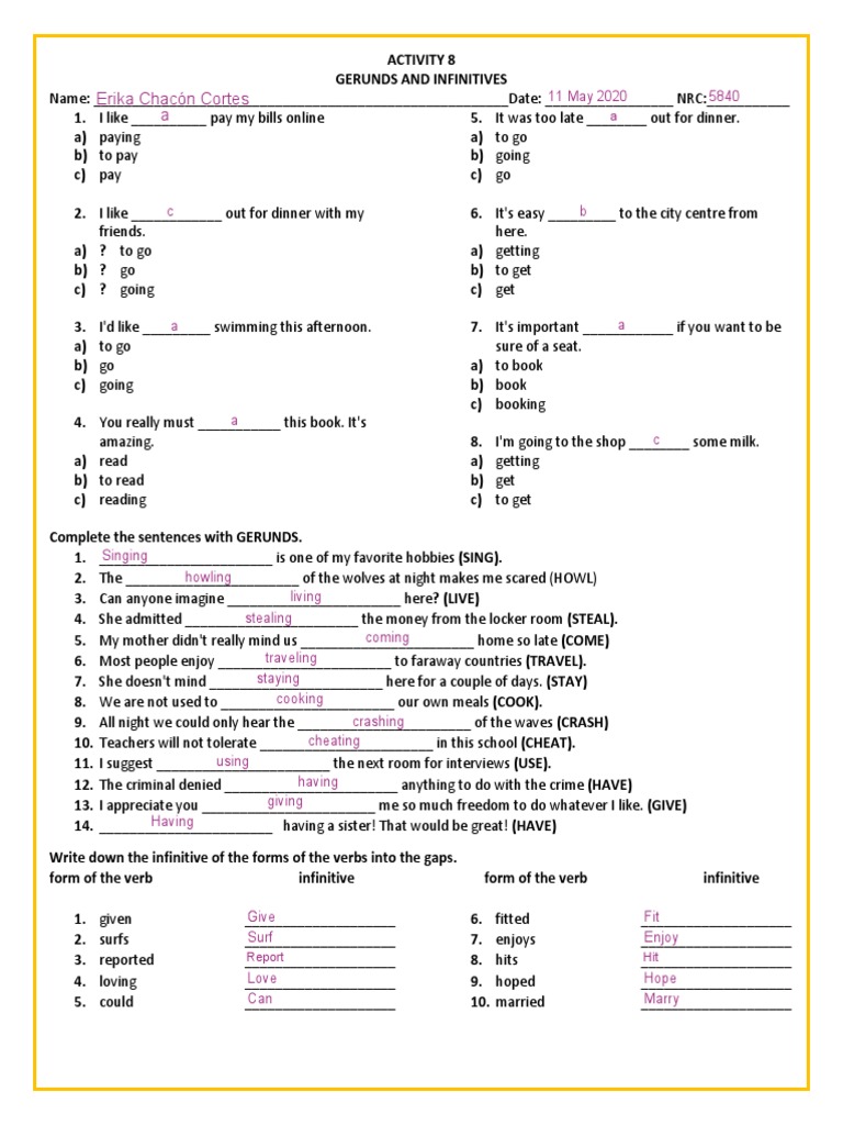 Gerunds and Infinitives Practice Worksheet | PDF | Syntax | Linguistic ...