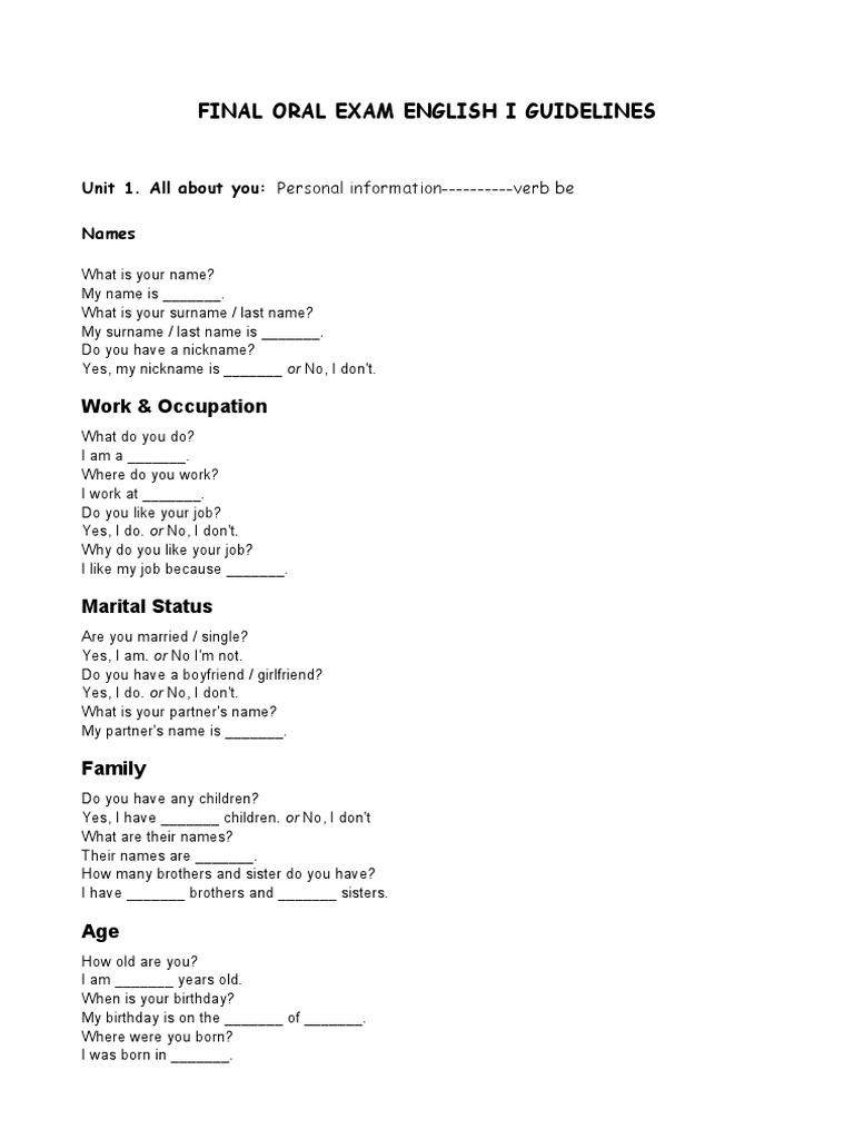 Final Oral Exam English I Guidelines | PDF | Verb | Syntactic Relationships