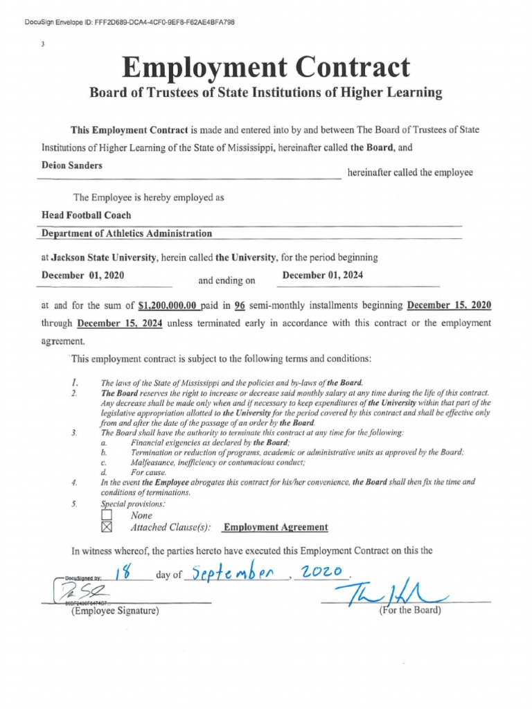 JSU Head Football Coach Contract - Deion Sanders - Fully Executed | Download Free PDF | Breach ...