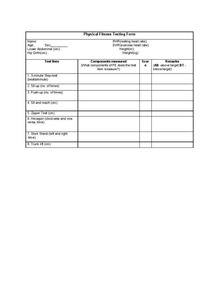 Physical Fitness Testing Form: Test Item Components Measured Scor e ...