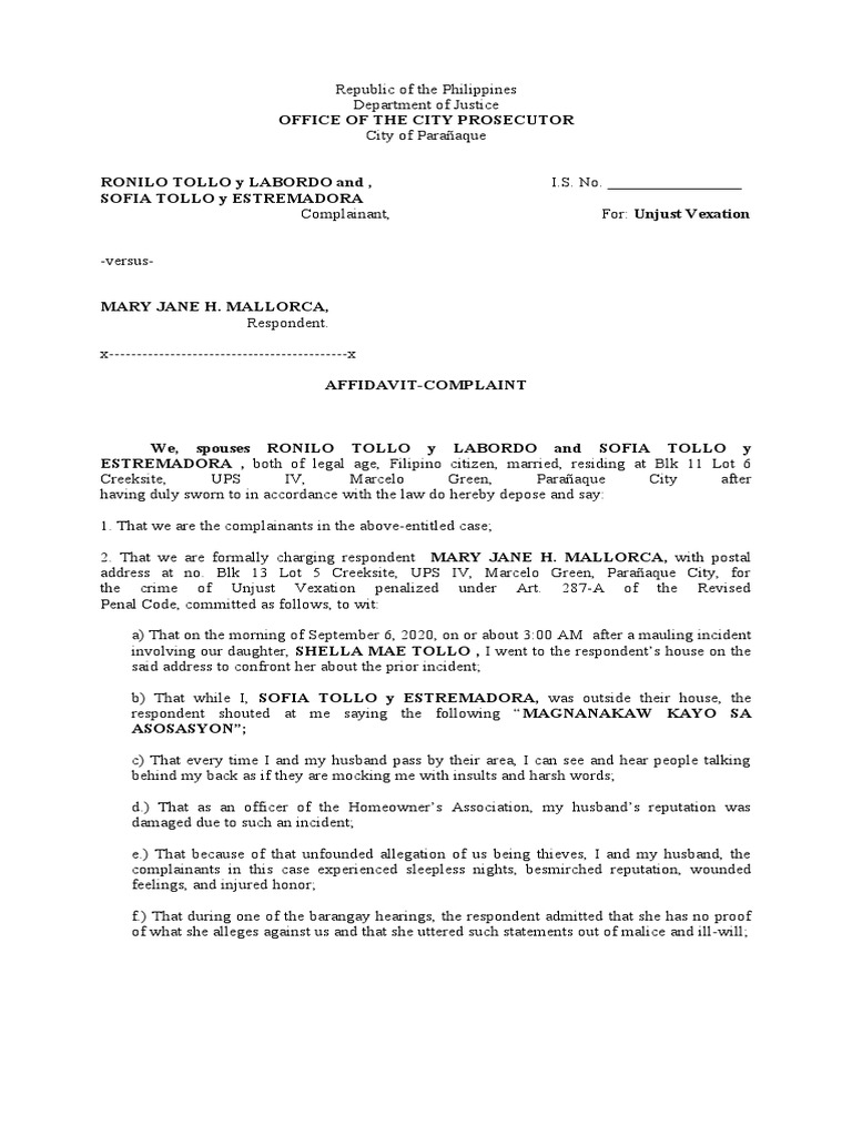Complaint Affidavit-Unjust Vexation | PDF | Affidavit | Government ...