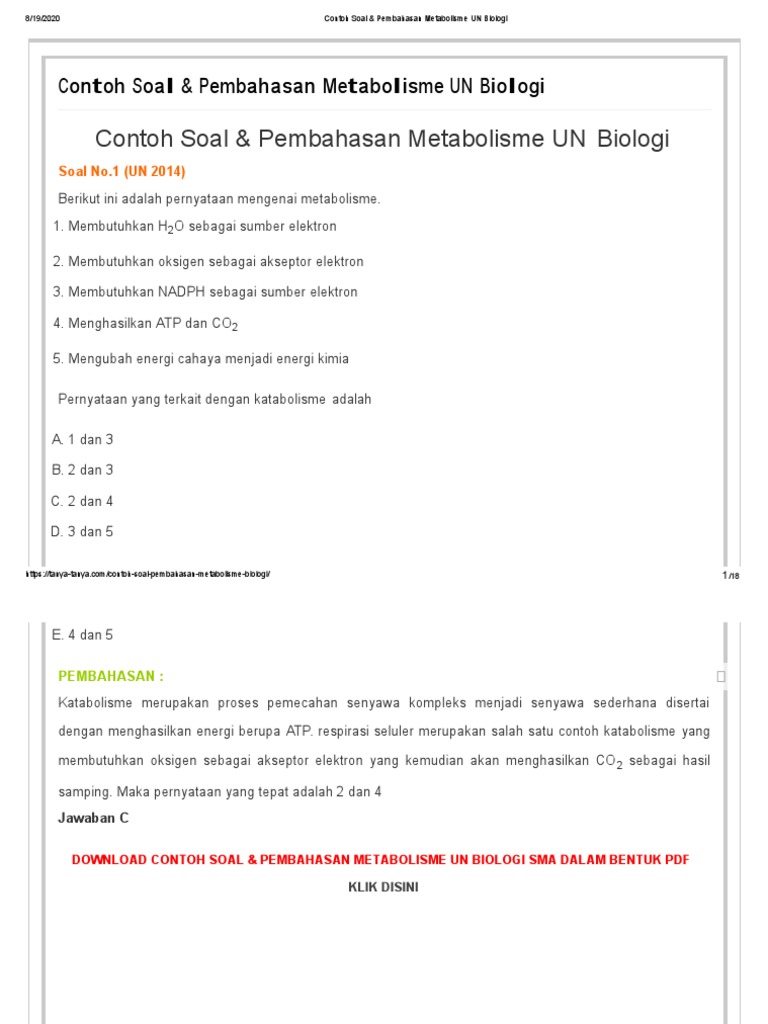 Contoh Soal & Pembahasan Metabolisme UN Biologi | PDF