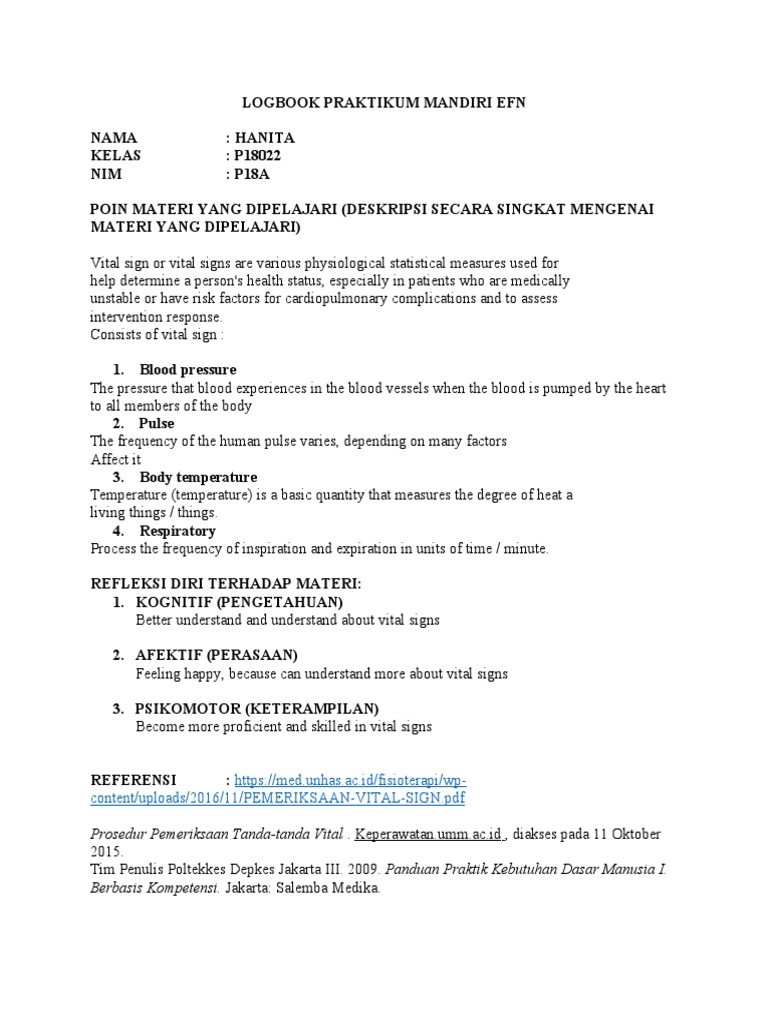 Logbook Praktikum - Vital Sign - Hanita - P18022 | PDF