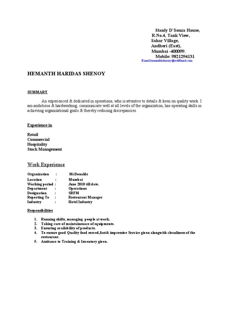 Resume Hemanth Shenoy | PDF | Retail | Cheque