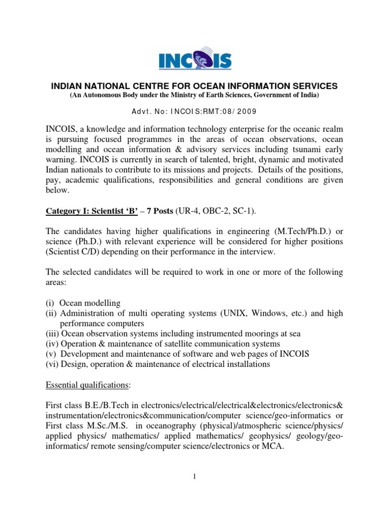 INCOIS Recruitment for Scientists & Assistants | PDF | Academic Degree ...