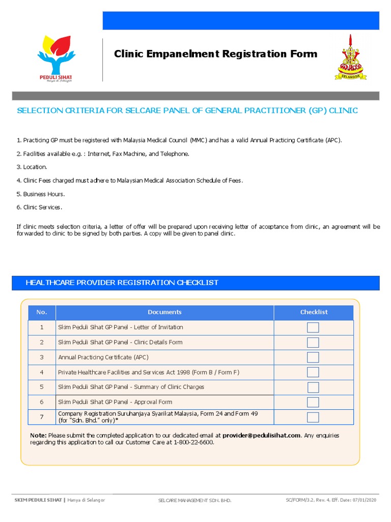 Clinic Empanelment Registration Form: Selection Criteria For Selcare ...