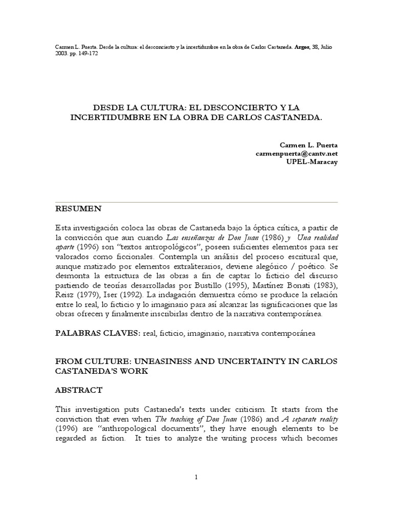ARTÌCULO - Puerta, Carmen - El Desconcierto y La Incertidumbre en La Obra de Carlos Castaneda ...