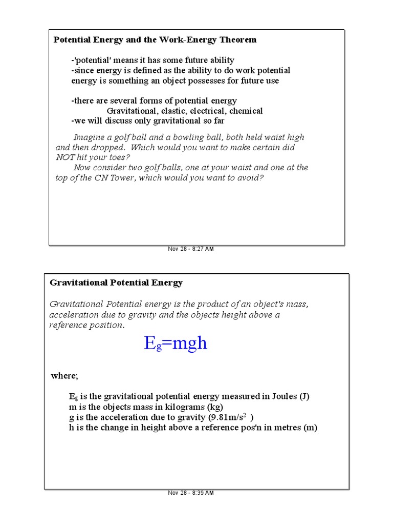 E MGH: Potential Energy and The Work Energy Theorem | PDF