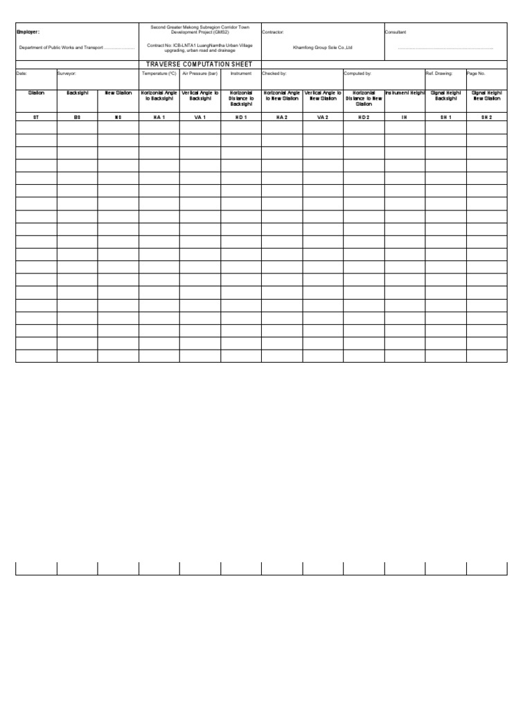 Traverse Computation Sheet: ST BS NS HA1 VA1 HD1 HA2 VA2 HD2 IH SH1 SH2 ...