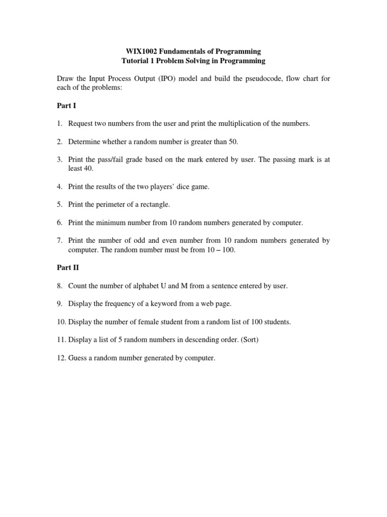 WIX1002 Fundamentals of Programming Tutorial 1 Problem Solving in Programming | PDF