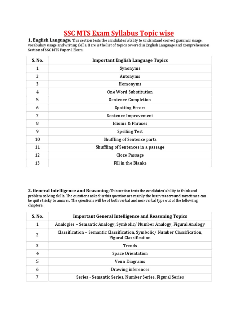 SSC MTS Exam Syllabus Topic Wise PDF | PDF | Cognition | Science
