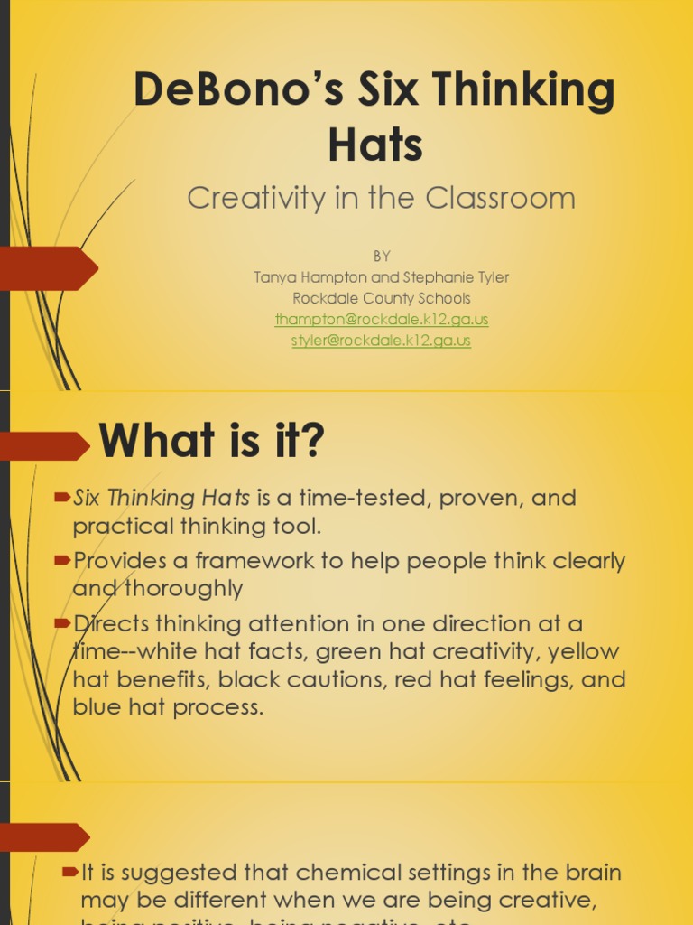 DeBono's Six Thinking Hats Explained | PDF | Intuition | Thought