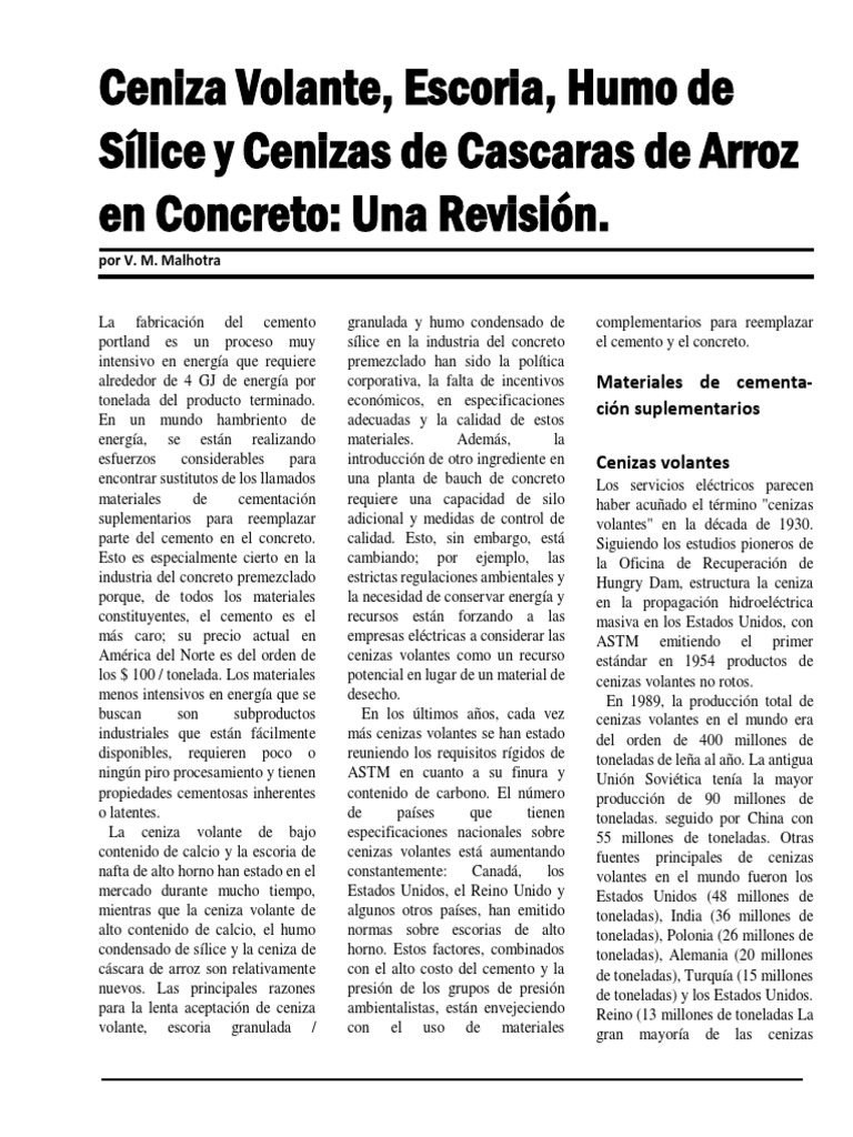 T Ceniza Volante, Escoria, Humo de Silice y Cascara de Arroz | PDF ...