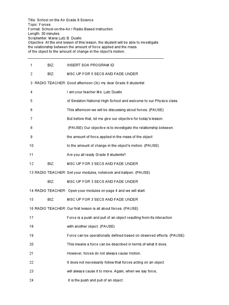 Script in Radio Based Instruction | PDF | Velocity | Force