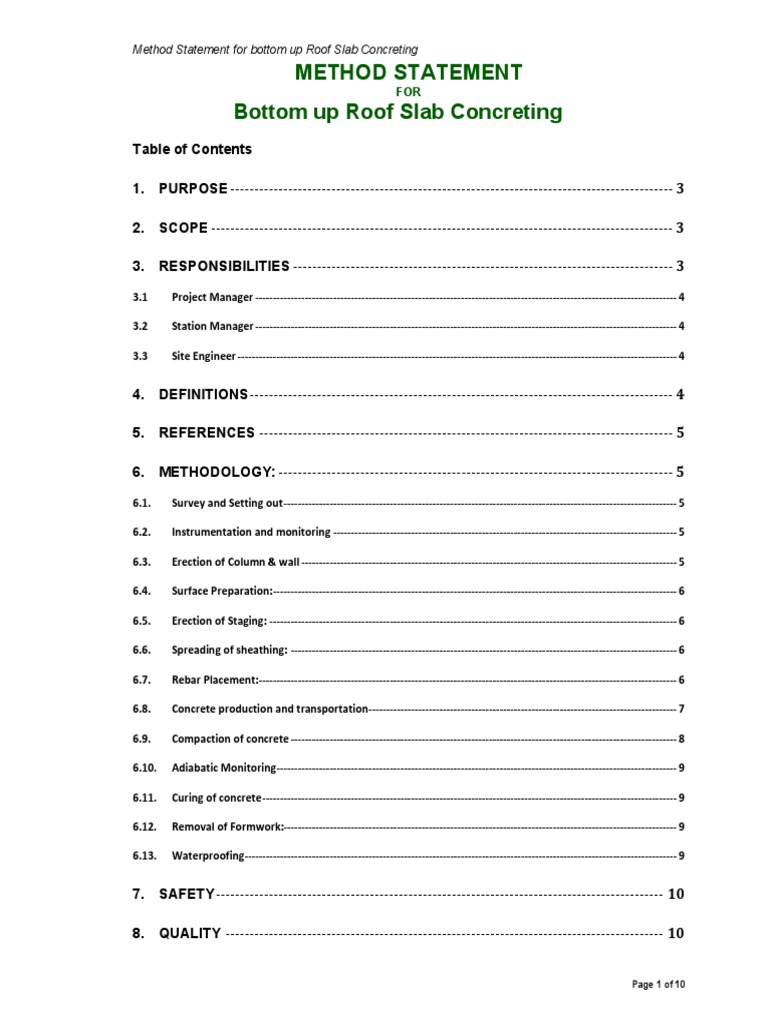 Method Statement Bottom Up Roof Slab Concreting: Page 1 of 10 | PDF ...