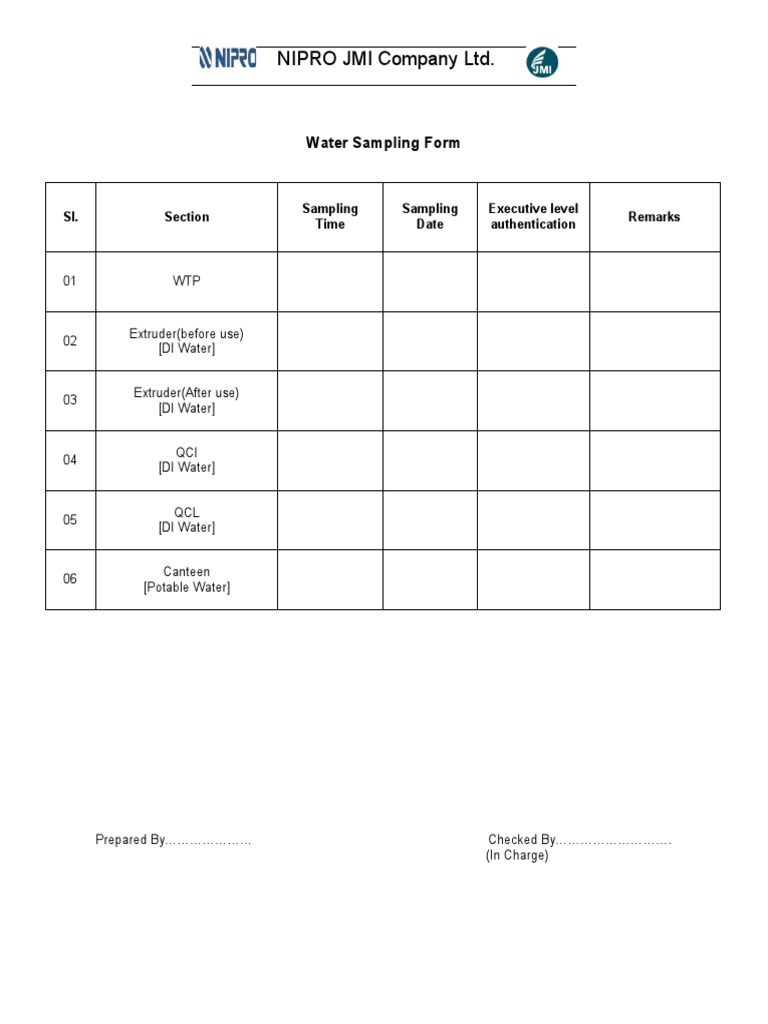 NIPRO JMI Company LTD.: Water Sampling Form | PDF