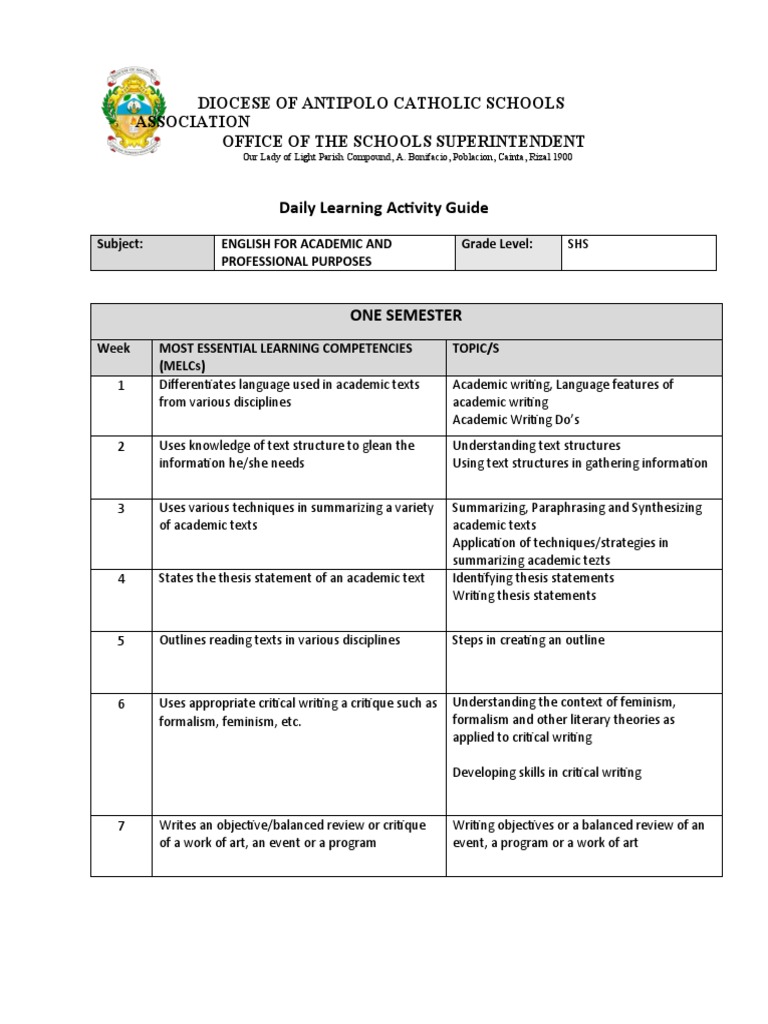 Daily Learning Activity Guide: Diocese of Antipolo Catholic Schools ...